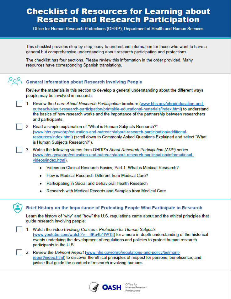 Checklist for Learning about Human Subjects Research (OASH) - NORD ...
